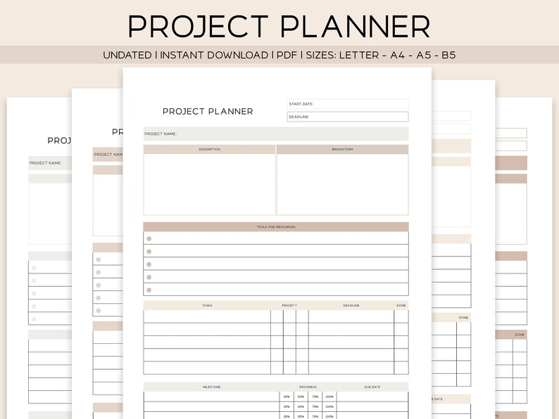 PROJECT PLANNER, A5 Planner Inserts, Instant Download, PDF Letter, A4 ...