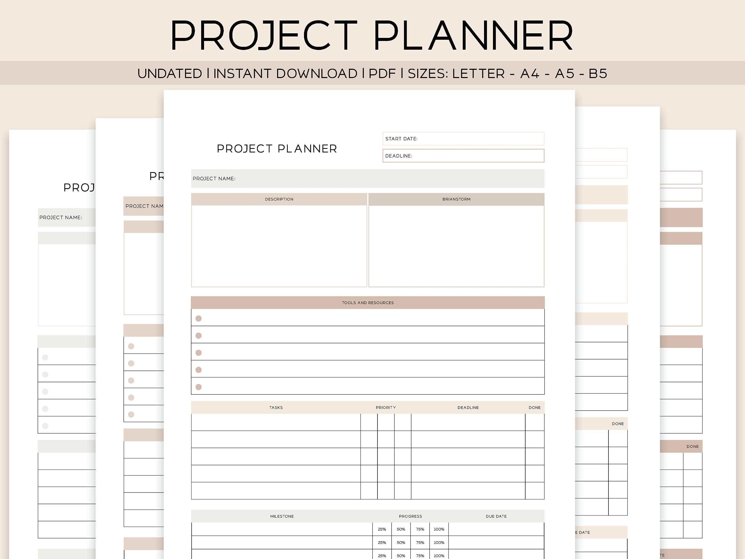PROJECT PLANNER, A5 Planner Inserts, Instant Download, PDF Letter, A4 ...