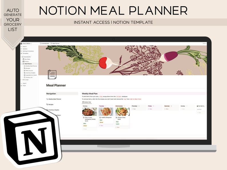 NOTION MEAL PLANNER | Digital Planner Template With Auto Fill Grocery ...