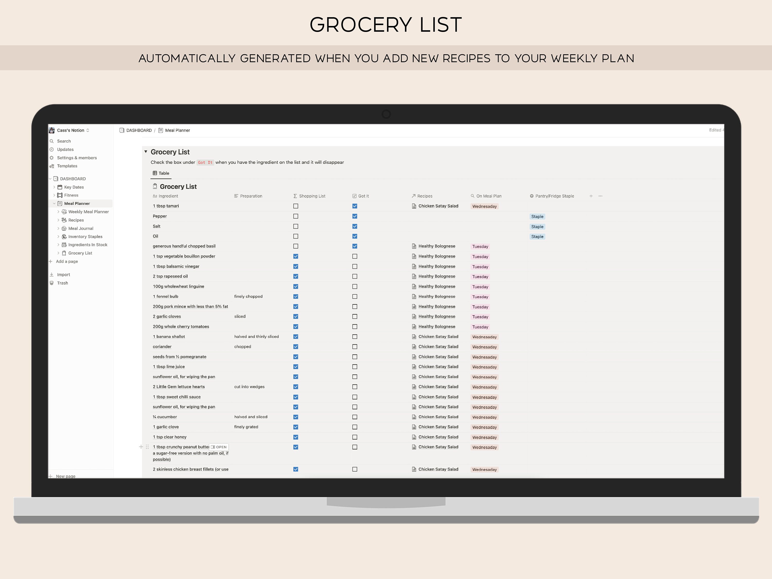 NOTION MEAL PLANNER Digital Planner Template With Auto Fill Grocery ...