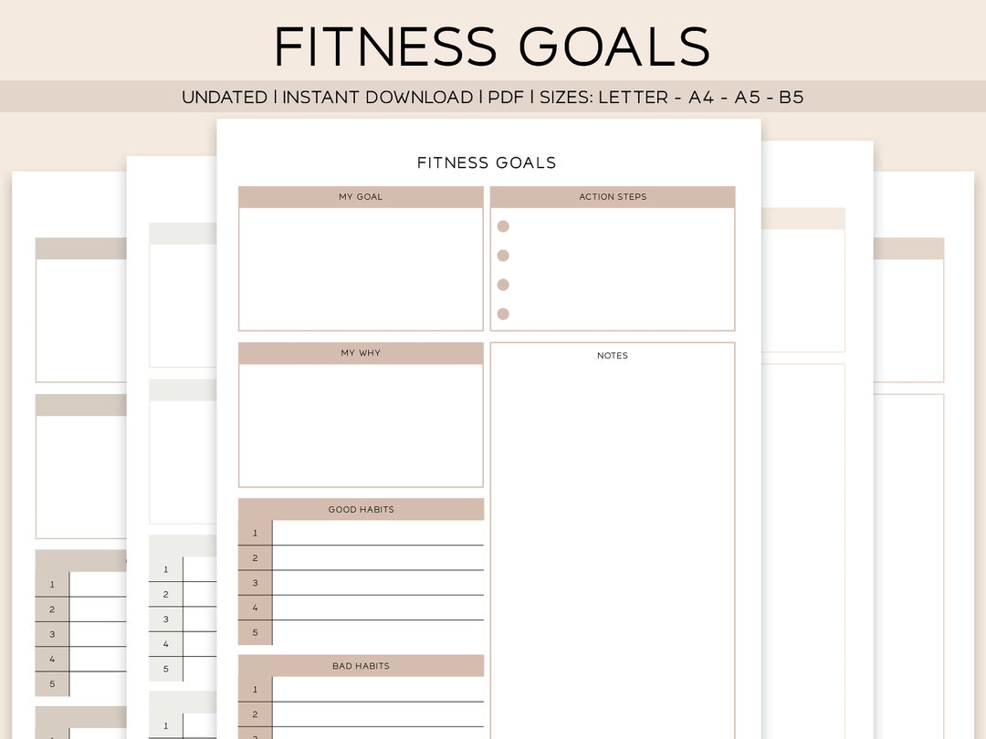 FITNESS GOALS PLANNER, Self Care Planner, A5 Planner Inserts, Instant ...