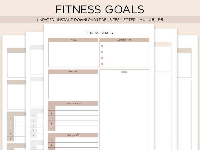 FITNESS GOALS PLANNER, Self Care Planner, A5 Planner Inserts, Instant ...
