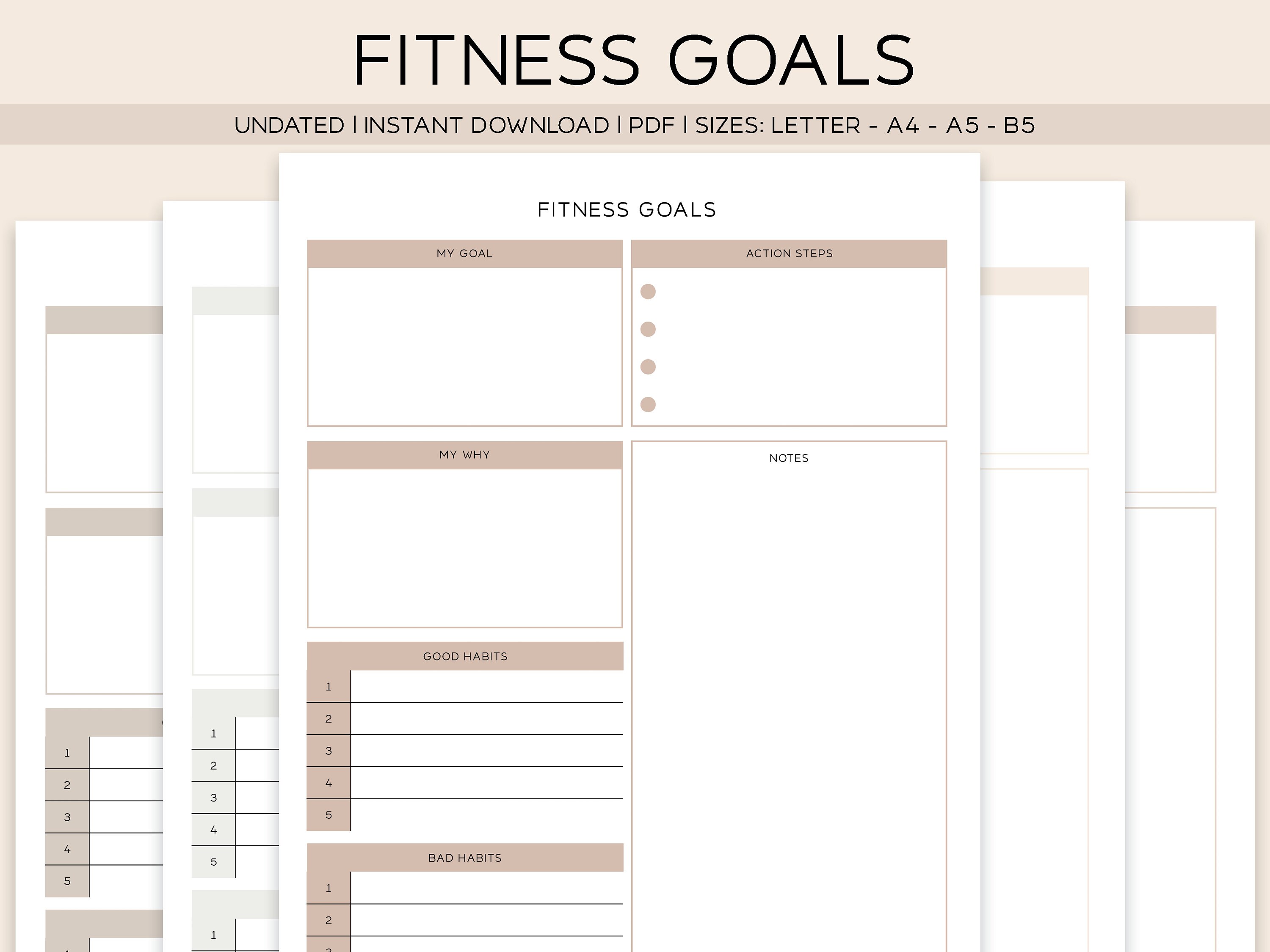 FITNESS GOALS PLANNER, Self Care Planner, A5 Planner Inserts, Instant ...