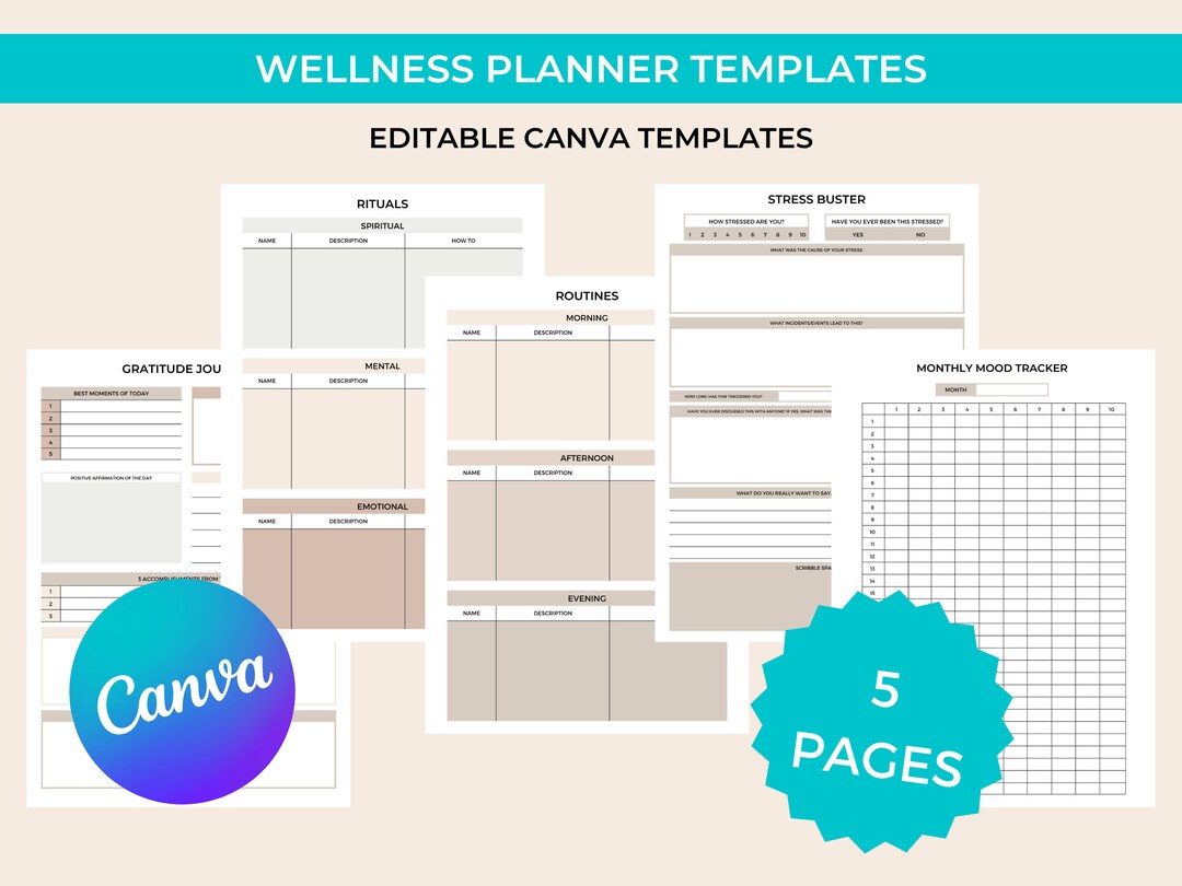 CANVA "self Care" Editable Planner Templates | Gratitude Journal, Mood ...