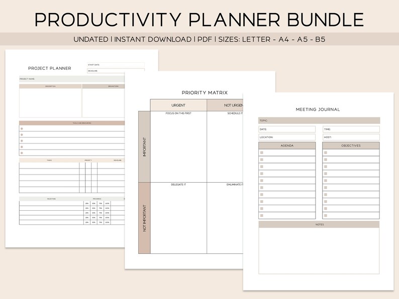 PRODUCTIVITY PLANNER Printable BUNDLE Project Management - Etsy UK