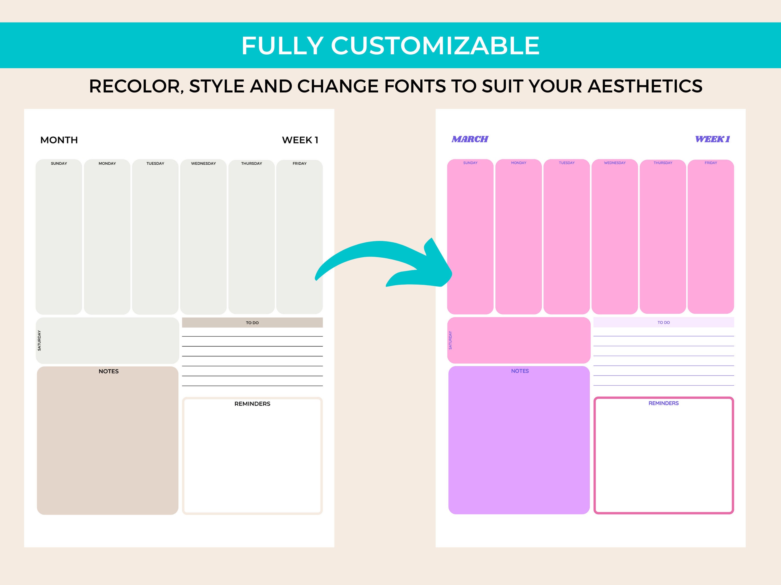 CUSTOMISABLE Productivity Planner Templates, CANVA Templates, Editable ...