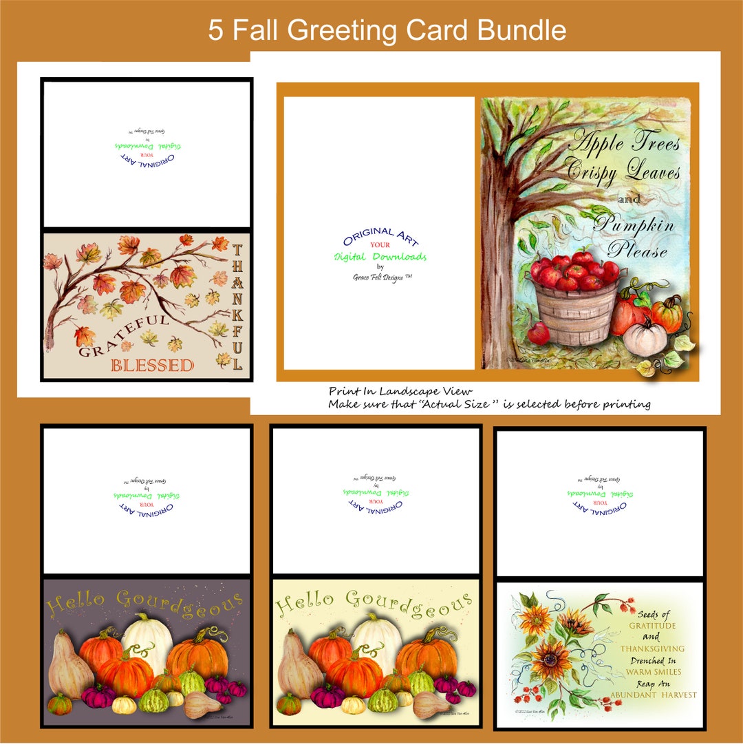 5 Thanksgiving Fall Harvest Greeting Card Bundle Printable - Etsy