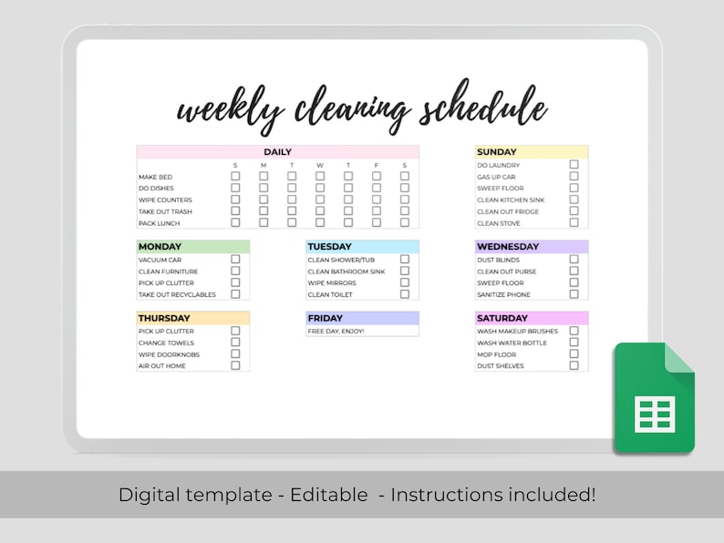 Weekly Cleaning Schedule Template With Checklist, Google Sheets ...