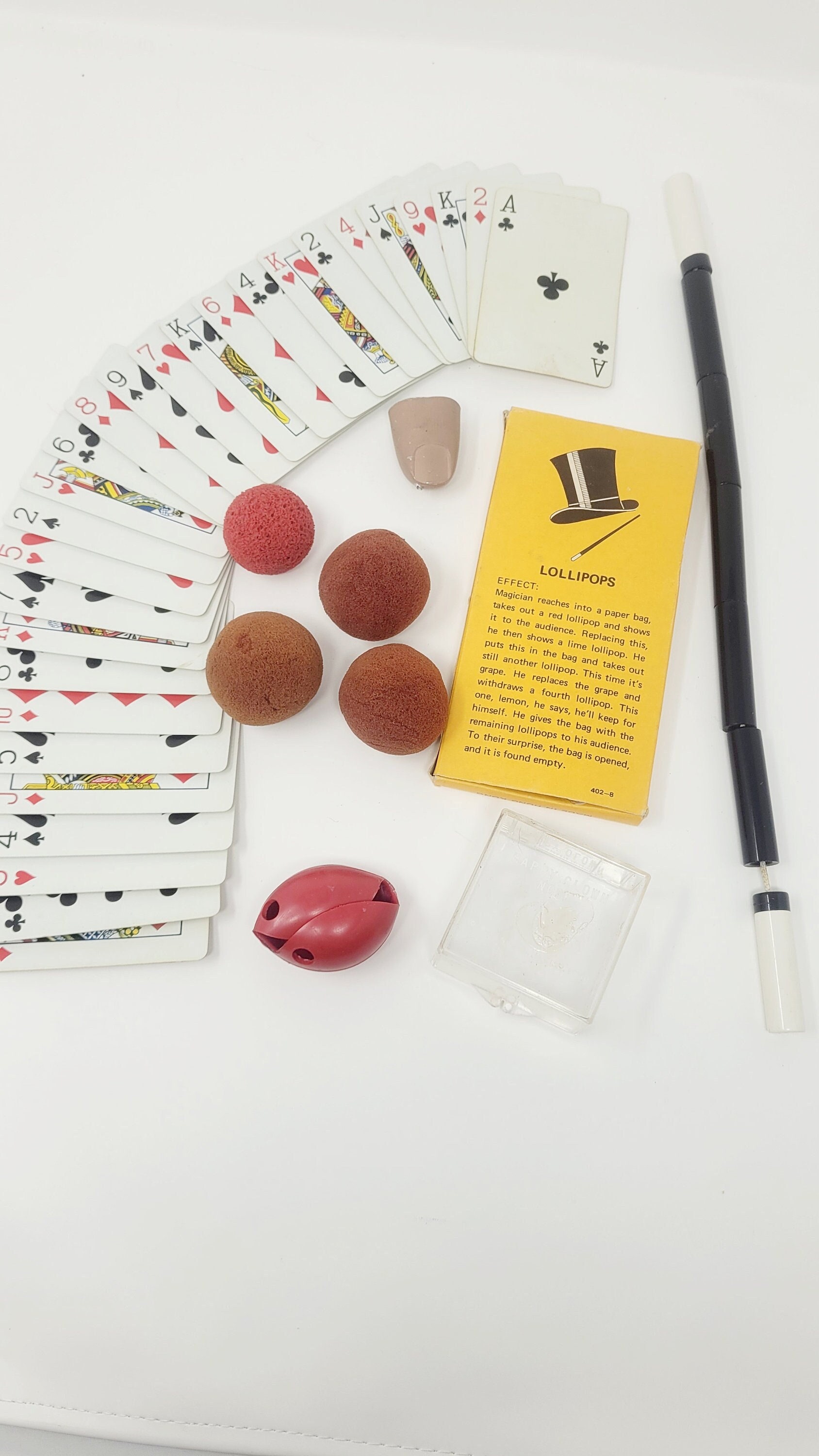 Vintage Magic Trick Lot Clown Nose Cards Lollipops Fake Thumb Wand ...
