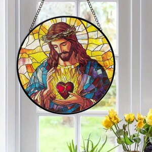 Jesus Faux Stained Glass Window Hanging, Sacred Heart of Jesus ...