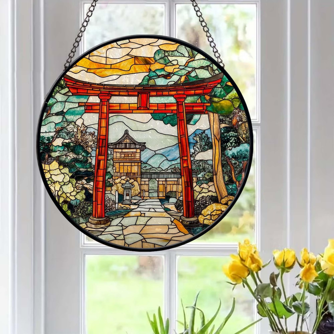 Shinto Shrine Faux Stained Glass Window Hanging, Christmas Ornament ...