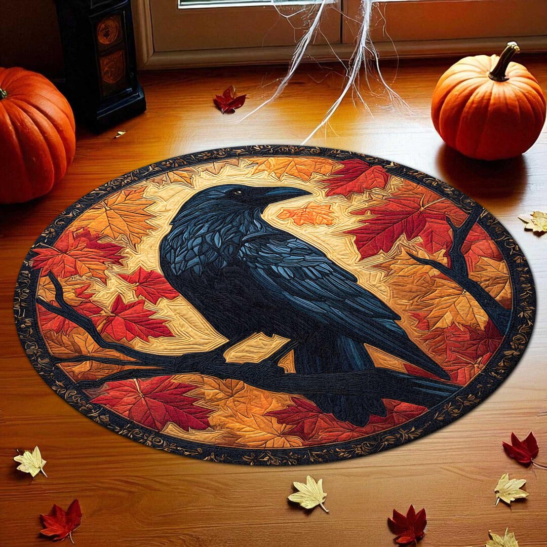 Crow and Maple Leaf Round Rug, Dark Raven Bird Carpet With Autumn ...