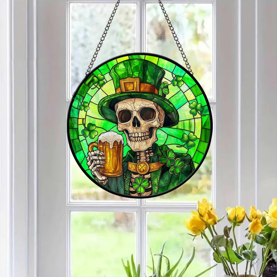 St Patrick's Day Skeleton Suncatcher, St. Patrick's Day Skeleton Glass ...