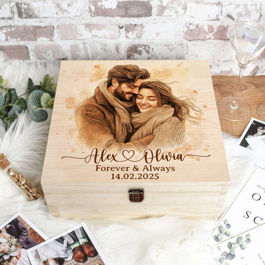 Custom Photo Couple Keepsake Box, Couple Anniversary Memory Wooden Box ...