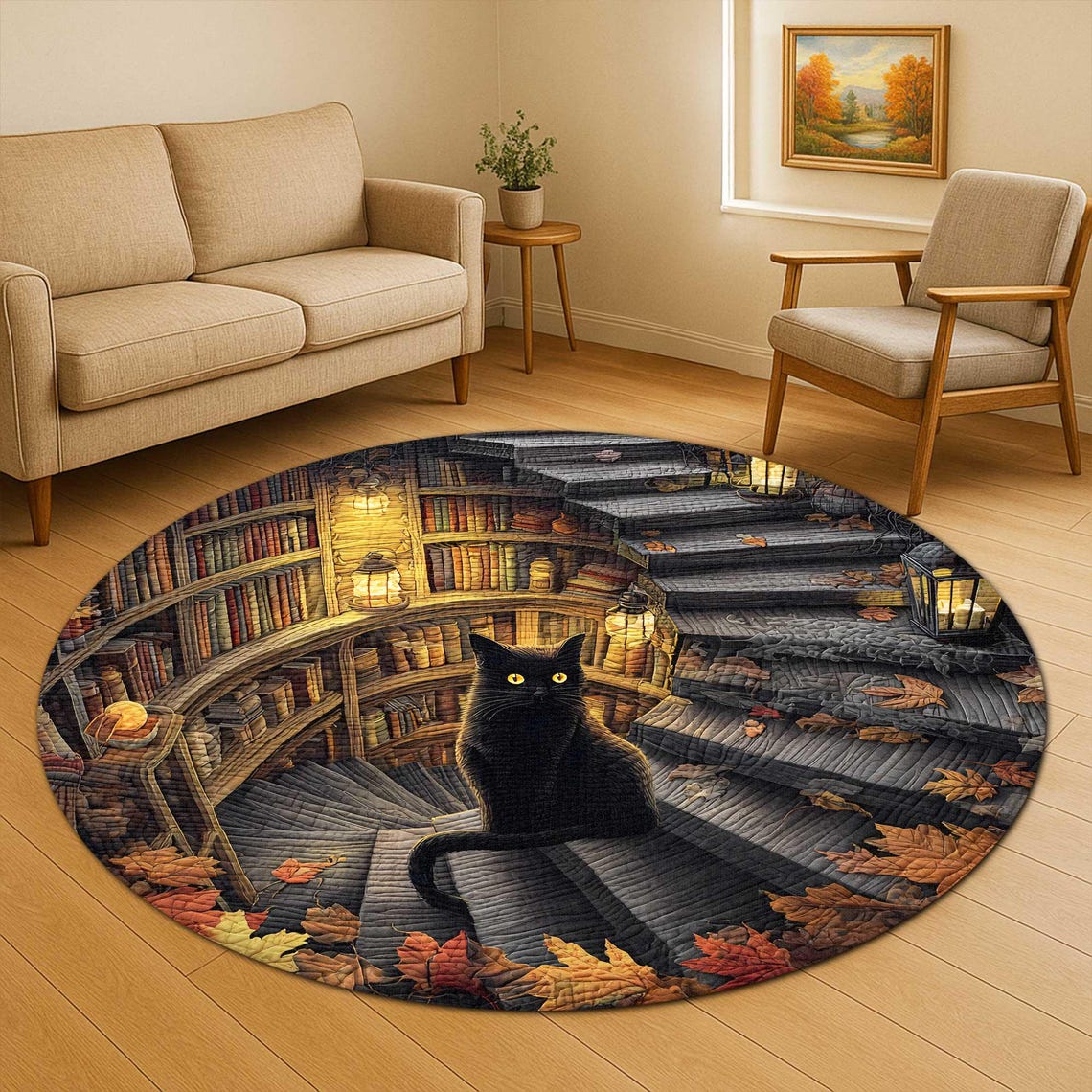 Halloween Round Rug Black Cat 3D Mat, Magic Library Staircase Carpet ...