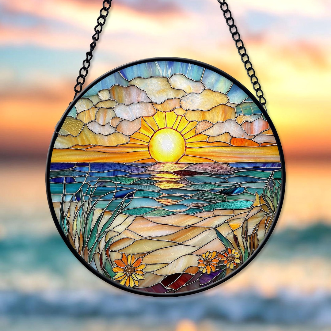 Beach Sunset Suncatcher, Waves on the Beach Faux Stained Glass, Beach ...