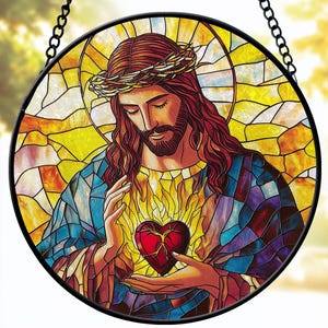 Jesus Faux Stained Glass Window Hanging, Sacred Heart of Jesus ...