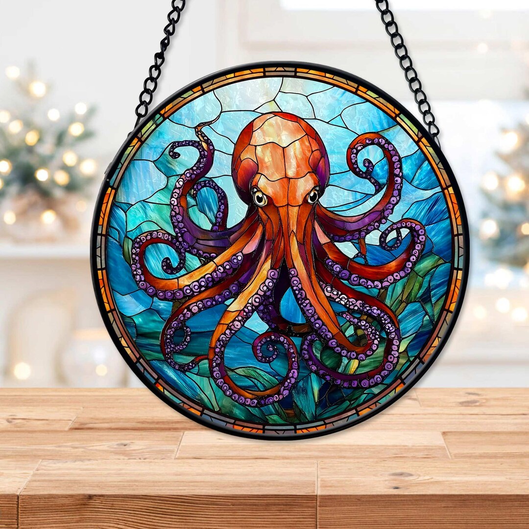 Octopus Faux Stain Glass Glass Suncatcher, Angry Octopus Step on ...