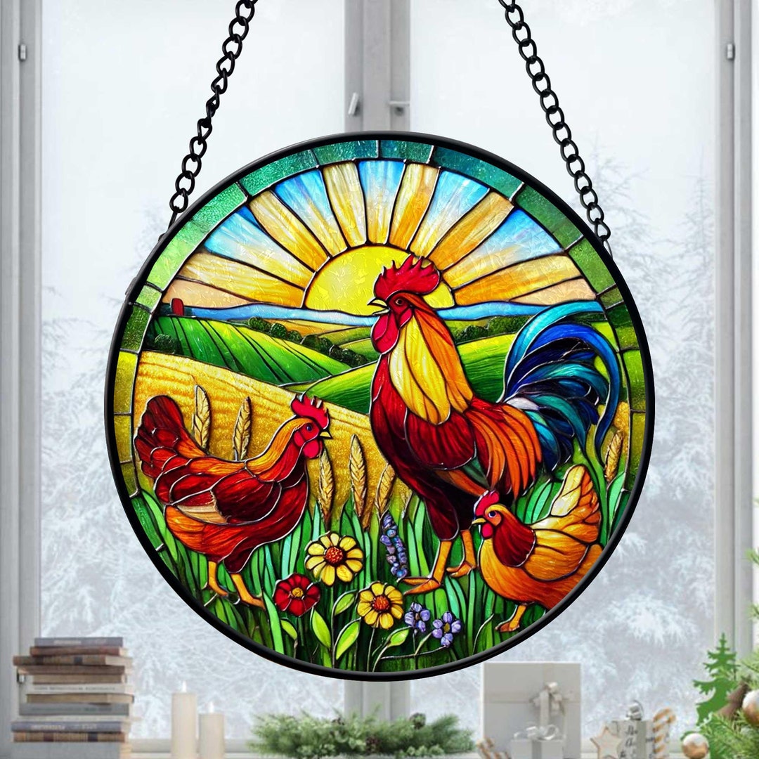 Chicken Farmhouse Faux Stained Glass Suncatcher, Chicken Farm Christmas ...