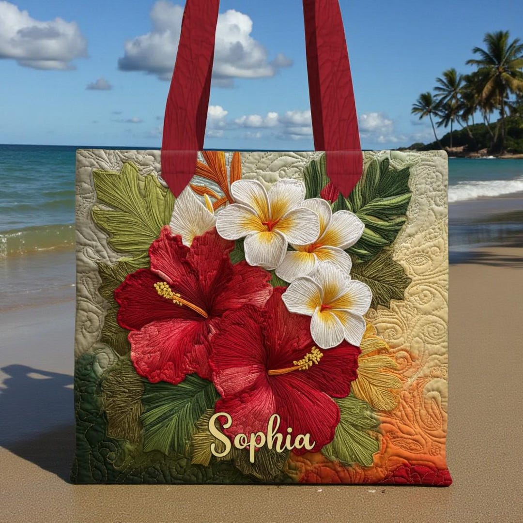 Hibiscus Quilt Tote for Women – Tropical Plumeria Floral Handbag ...