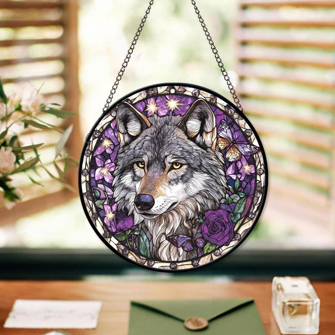Wolf and Flower Faux Stained Glass Suncatcher, Wolf Art Gifts, Wolf ...