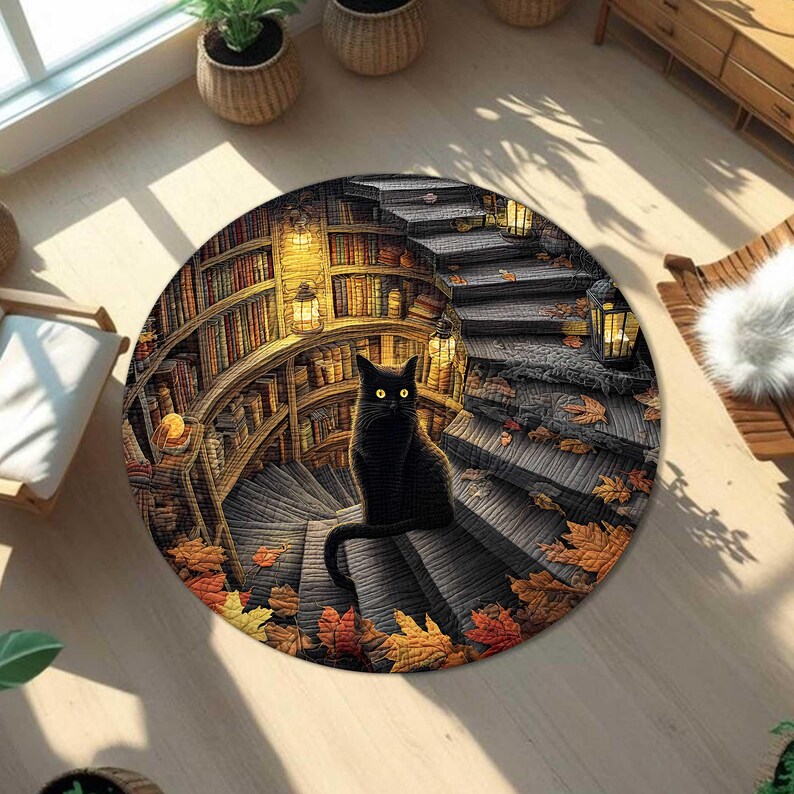 Halloween Round Rug Black Cat 3D Mat, Magic Library Staircase Carpet ...