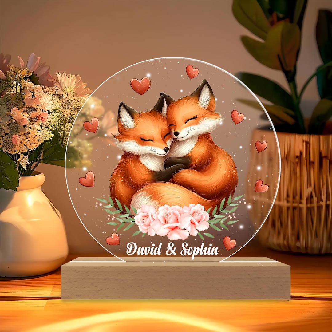 Custom Name Couple Fox Led Light, Couples Led Light, Anniversary Gift ...