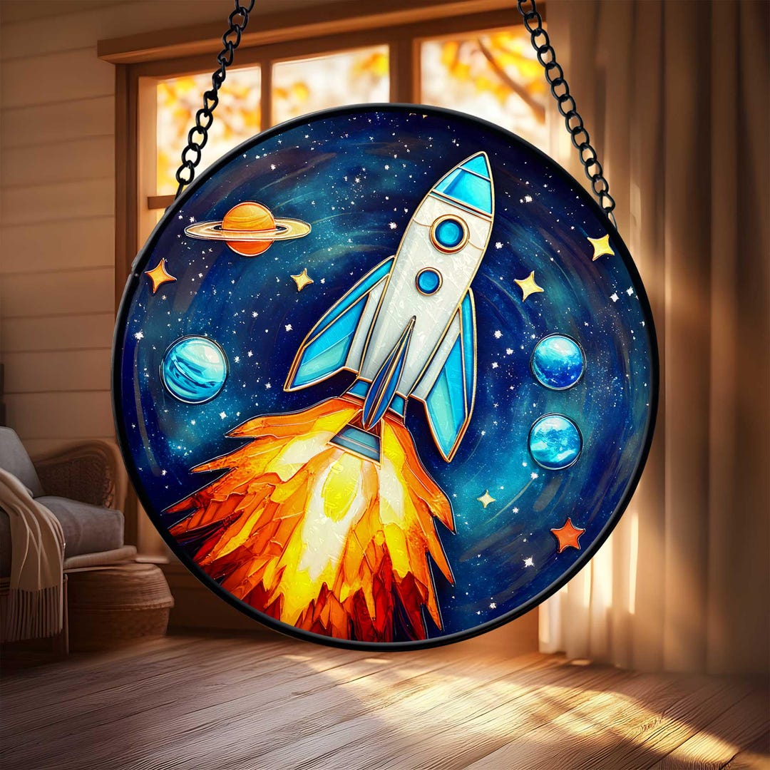 Rocket Launch Faux Stained Glass Suncatcher, Space Exploration Decor ...