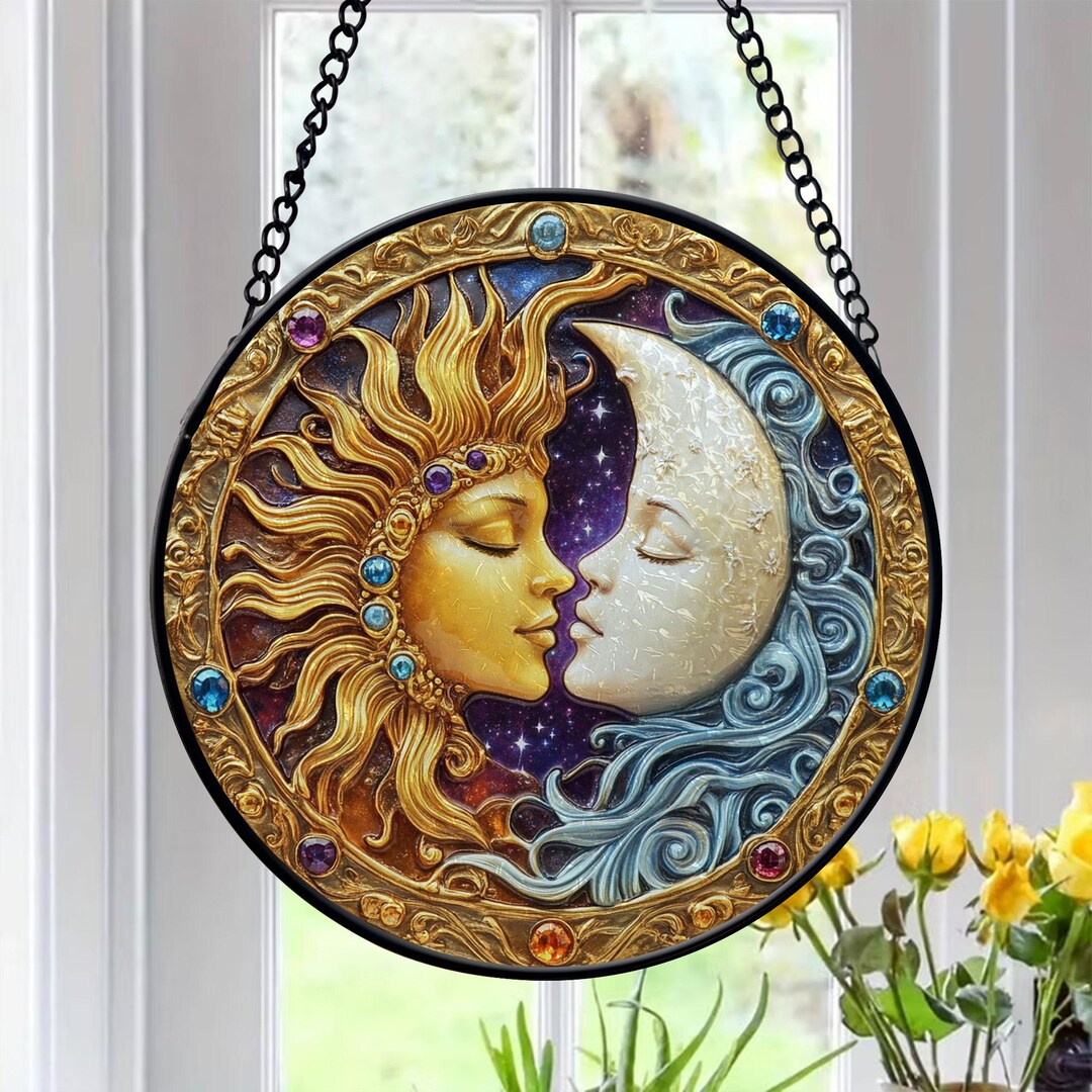 Sun and Moon Window Faux Stained Glass Suncatcher, Sun and Moon ...