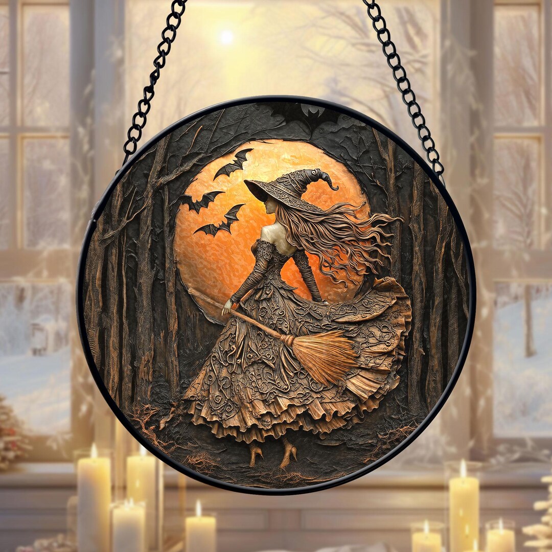 Halloween Witch Stained Glass Window Hanging, Witch Lovers Suncatcher ...