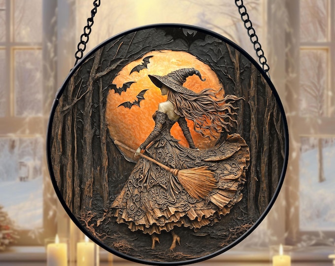 Halloween Witch With Moon Suncatcher, Witchy Window Hanging Decor ...