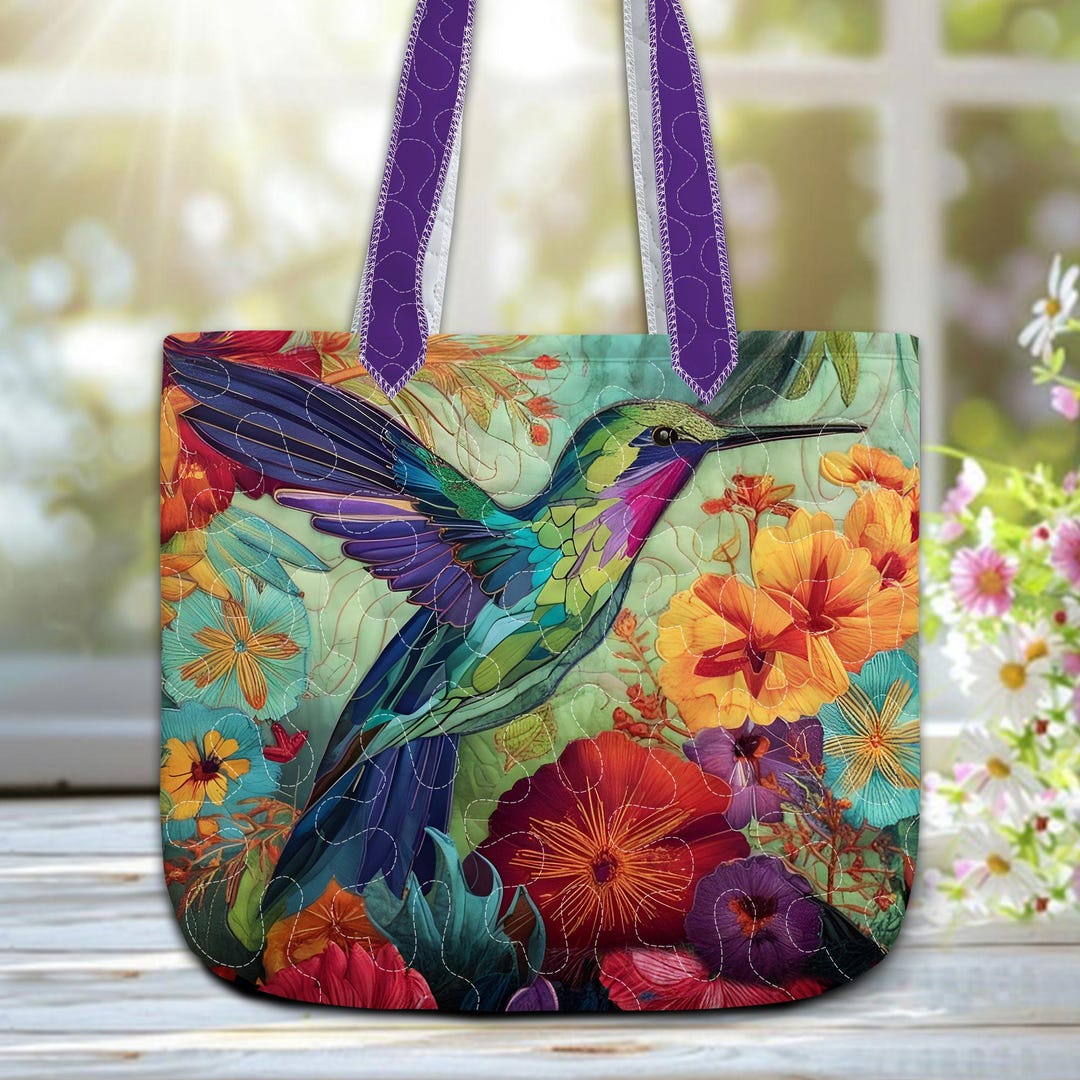 Colorful Hummingbird Tote Bag, Floral Quilted Art Tote, Gift for Bird ...