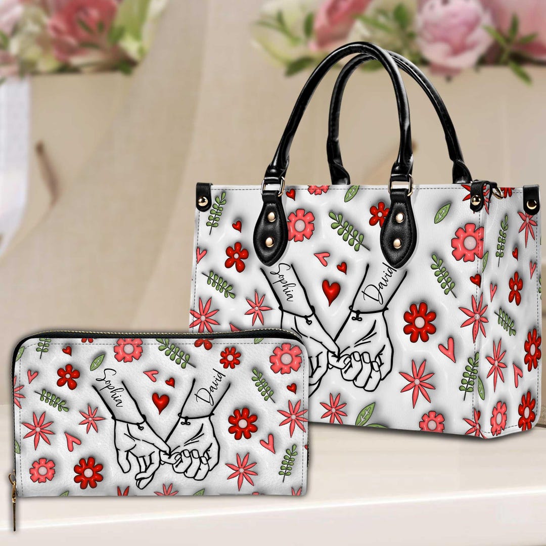 Holding Hands Custom Name Valentine Faux 3D Leather Handbags, Love ...