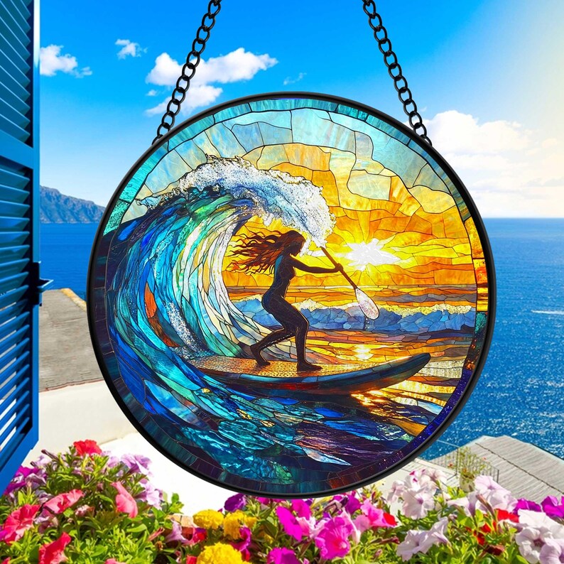 Woman Paddle Boarding Glass Suncatcher, Paddle Board Window Hanger ...