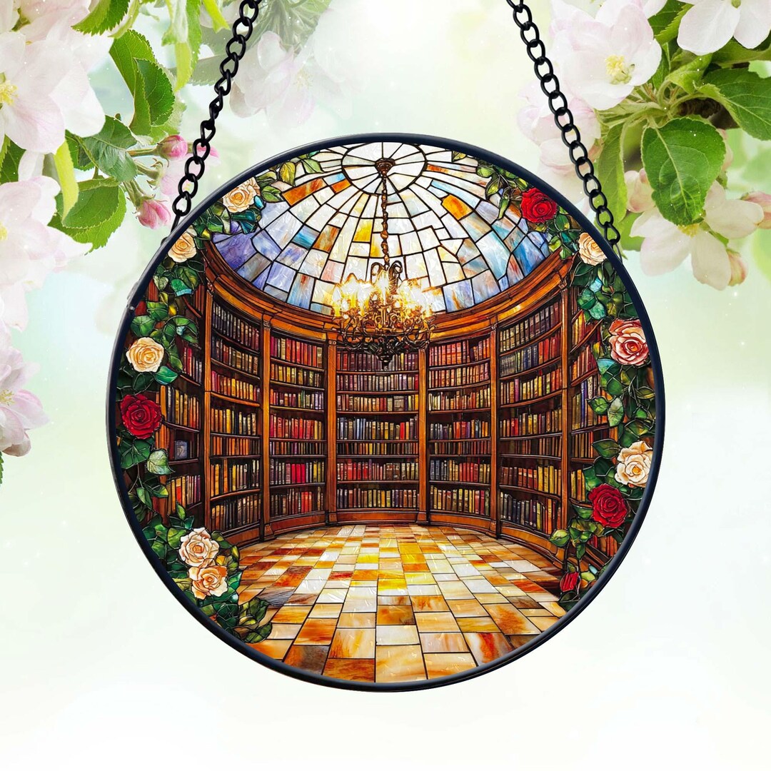 Book Lover’s Library Bookshelf Suncatcher, Bookshelf Faux Stained Glass ...