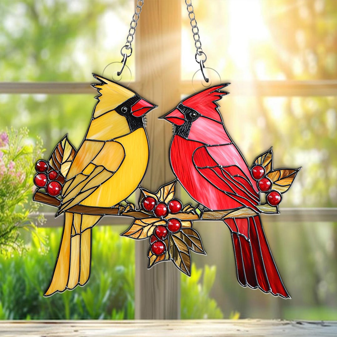 Couple Red and Yellow Cardinal Suncatcher, Cardinals Acrylic Window ...