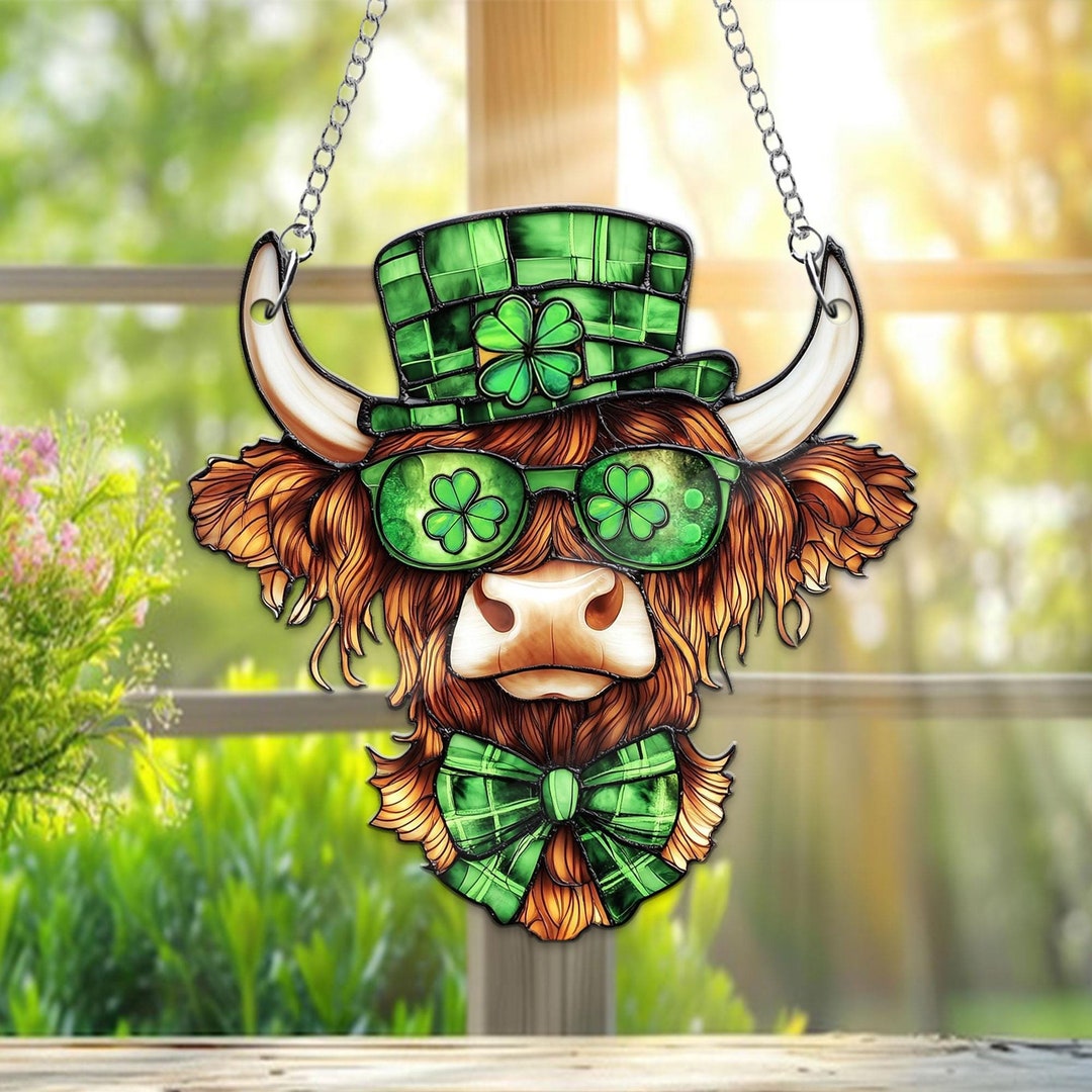 Highland Cow Happy St Patrick's Day Acrylic Window Decor, Highland Cow ...