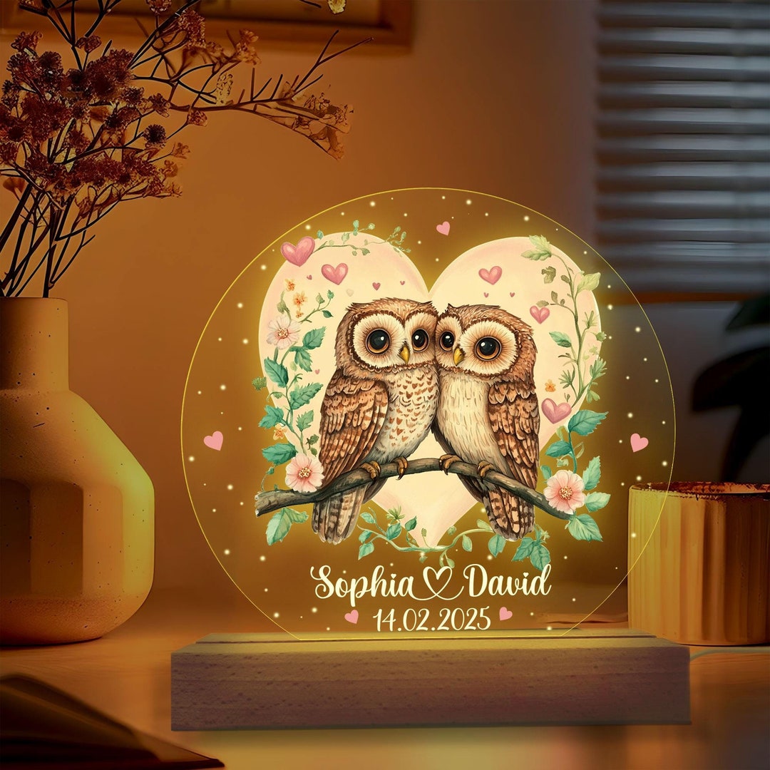 Personalized Couples Owl Night Light Wood Base, Lamp for Couples ...