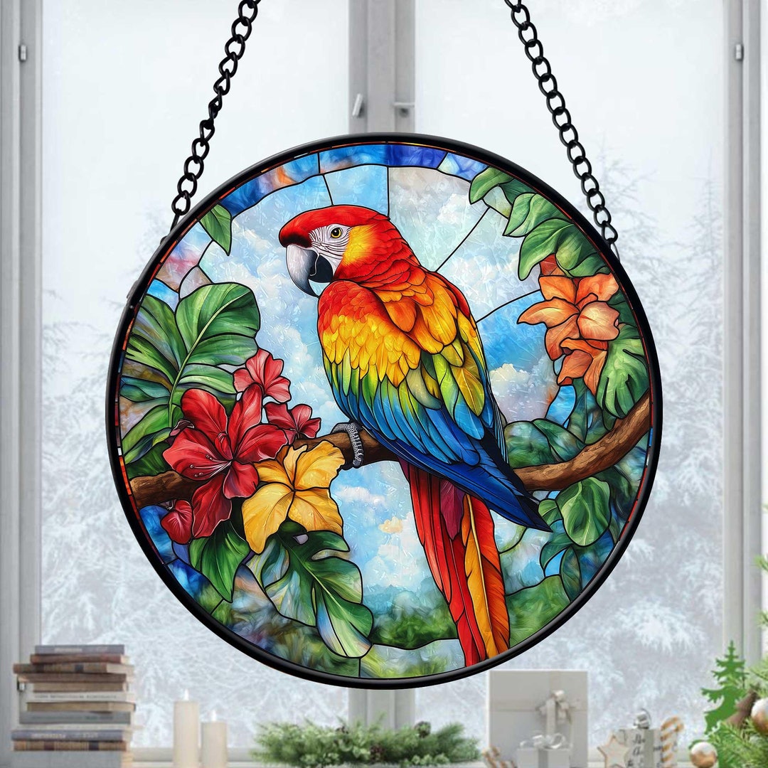 Scarlet Macaw Faux Stained Glass Art Home Decor, Christmas Gift for ...