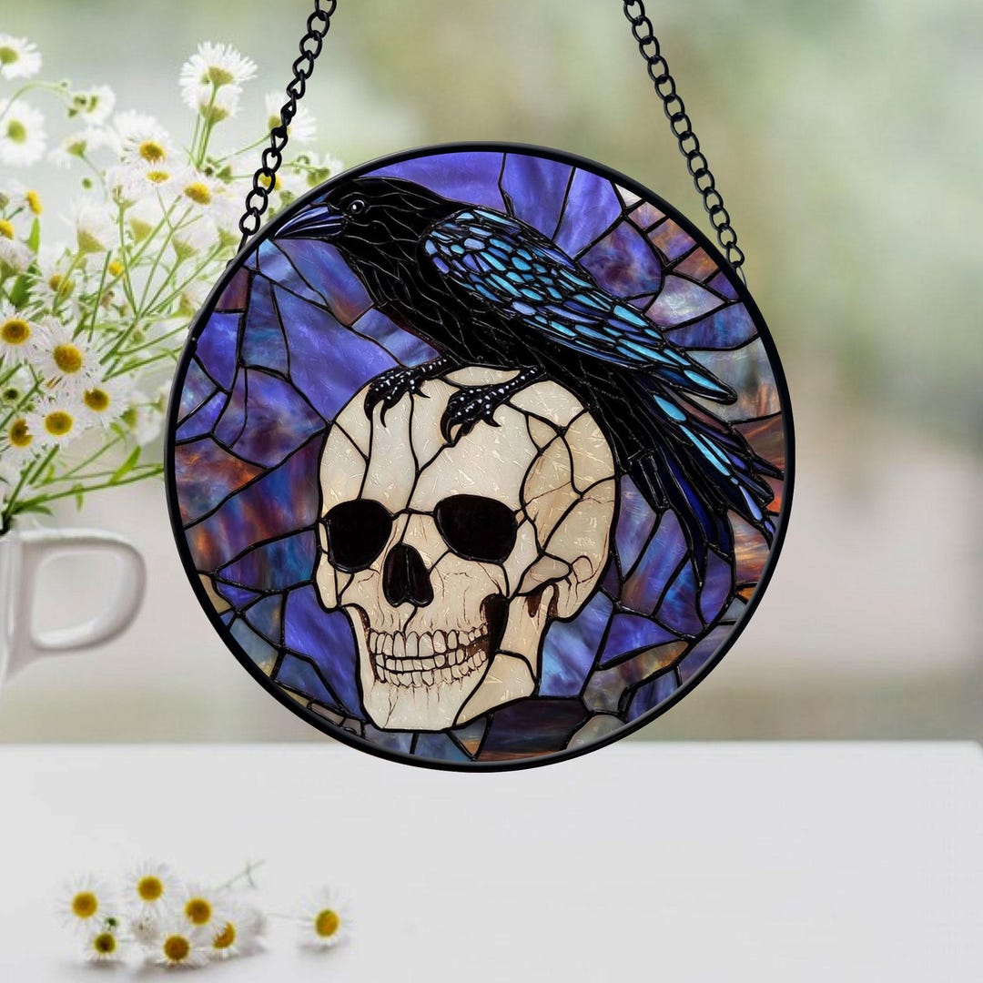 Raven and Skull Faux Stain Glass Glass Suncatcher, Halloween Window ...