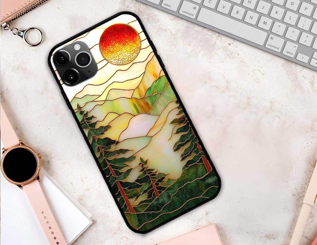 Faux Stained Glass Mountain Landscape Phone Case, Artistic Nature ...