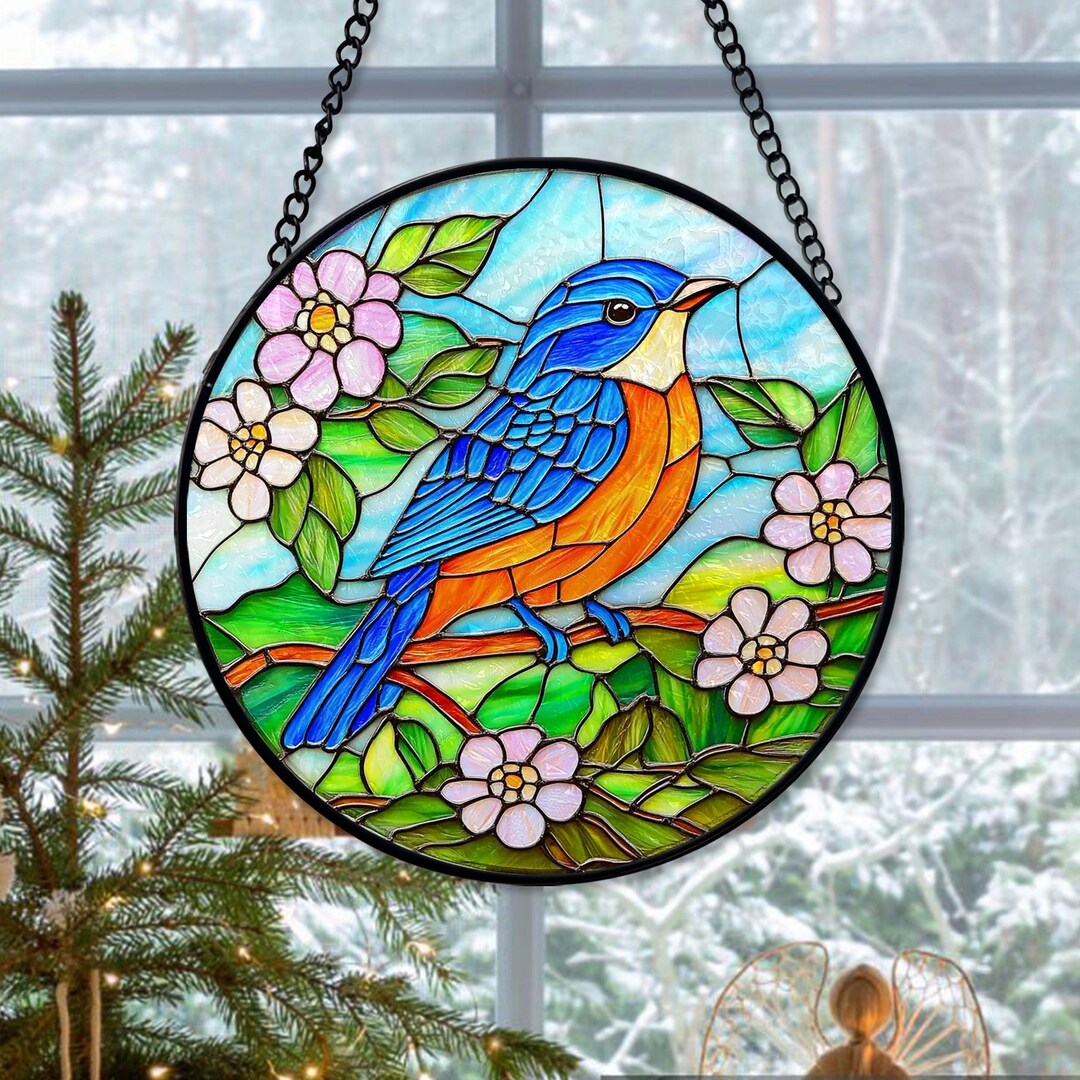 Eastern Bluebird Faux Suncatcher, Stained Glass Window Art, Handcrafted ...
