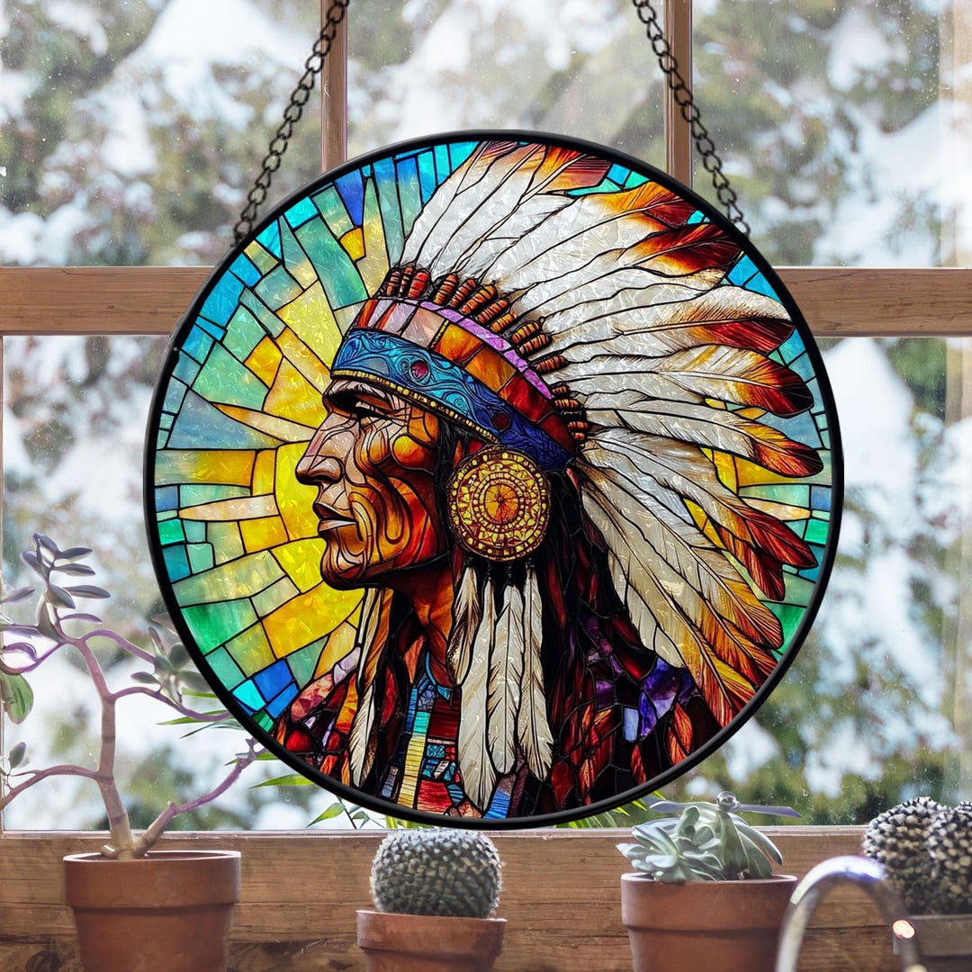 Native American Chief Faux Stained Glass Window Hanging, Handcrafted ...