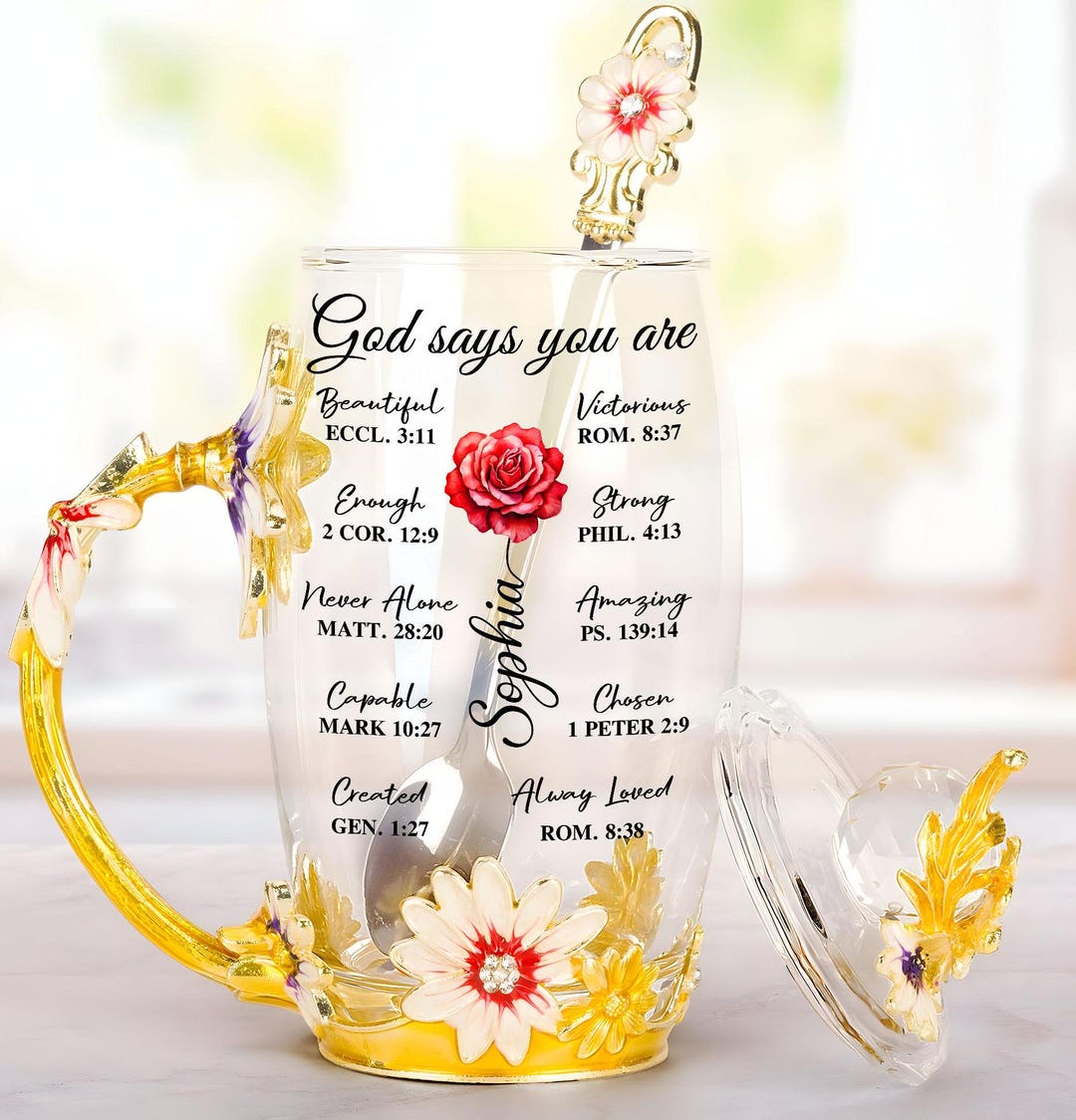 Personalized God Says You Are - Birth Month Flowers Enamel Flower Tea ...