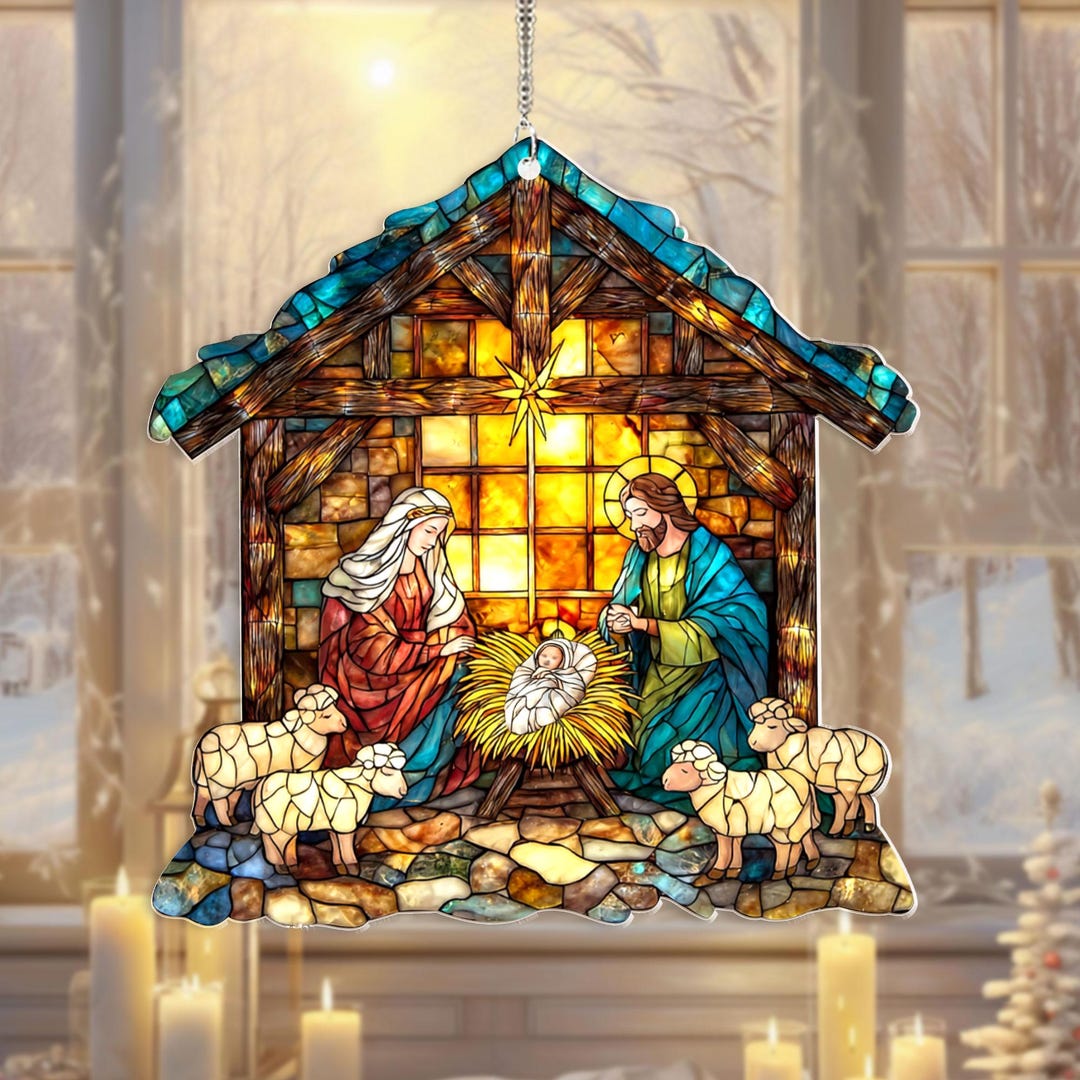 Holy Family Nativity Acrylic Window Decor, Faux Stained Glass Christmas ...