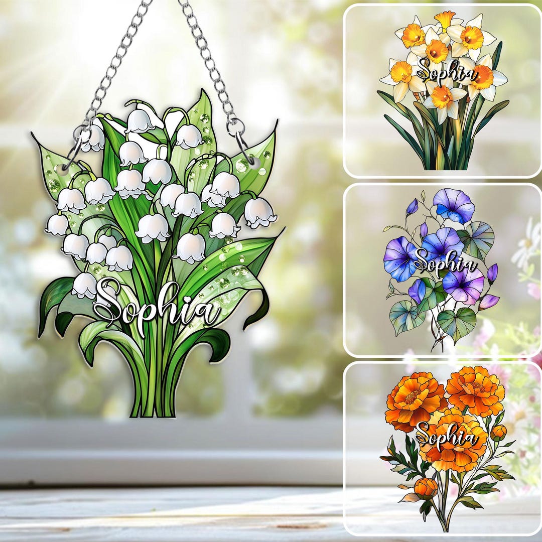 Custom Birth Month Flowers Acrylic Window Hanging, Birthday Gift for ...