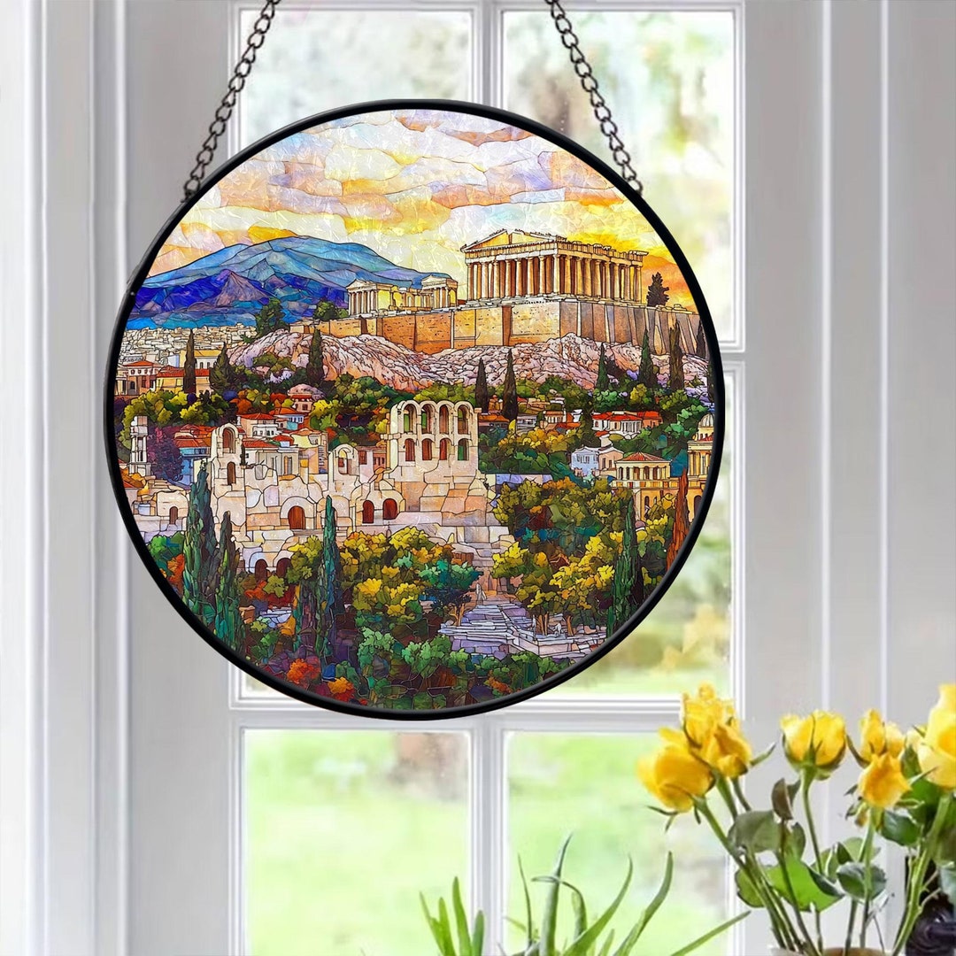 Athens Greece Faux Stained Glass Suncatcher, Greece Art Window Hanger ...