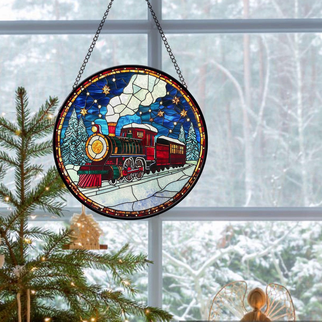 Stained Glass Christmas Train Suncatcher, Xmas Train Suncatcher ...