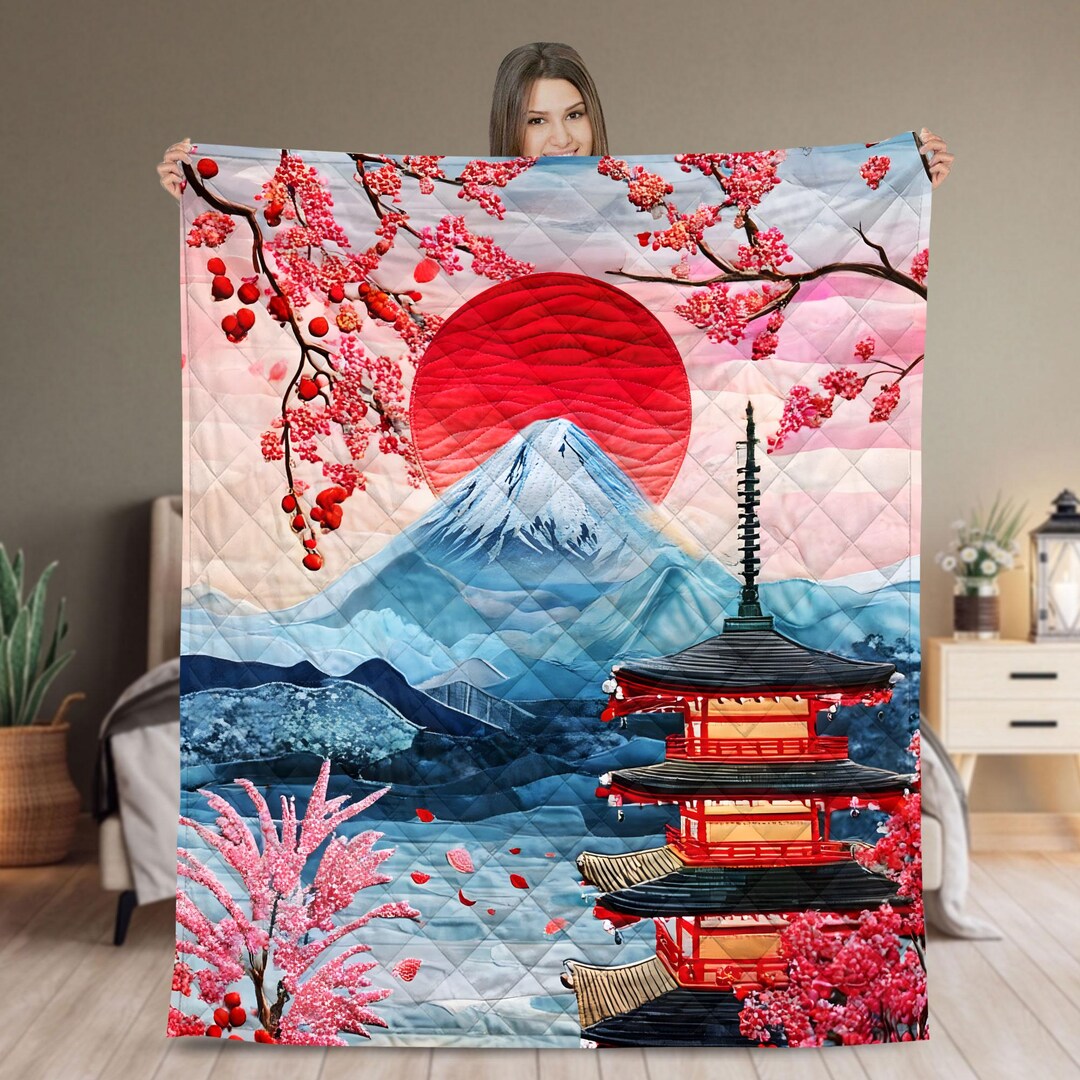 Japanese Mt Fuji Quilt Blanket, Cherry Blossom and Pagoda Throw, Red ...