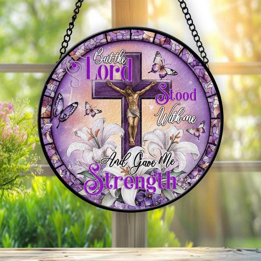Bible Verse Floral Cross Faux Stained Glass Suncatcher, Religious Decor ...